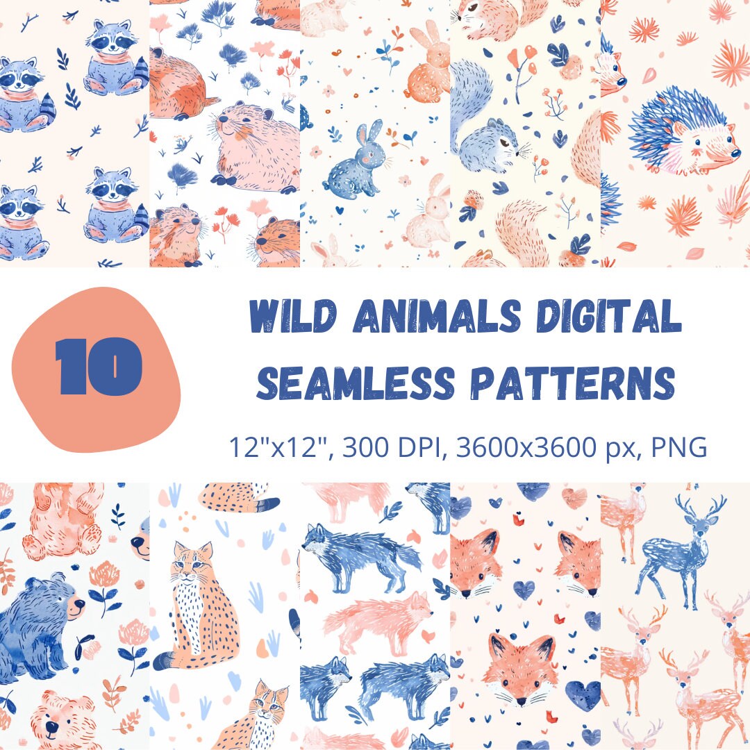Wild Animals Digital Patterns, Bear, Fox, Deer, Racoon, Squirrel ...