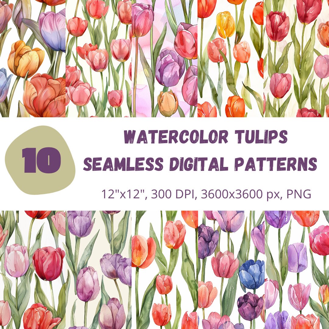 Tulips Digital Patterns, Watercolor Flowers, Digital Paper Set ...