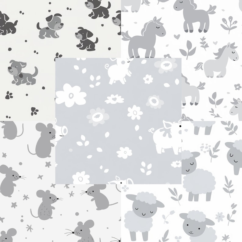 Farm Animals Digital Patterns, Pets Seamless, Grey Colors, Digital ...