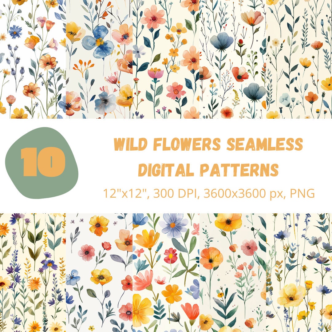 Watercolor Wild Flowers Digital Patterns, Meadow Flower, Digital Paper ...