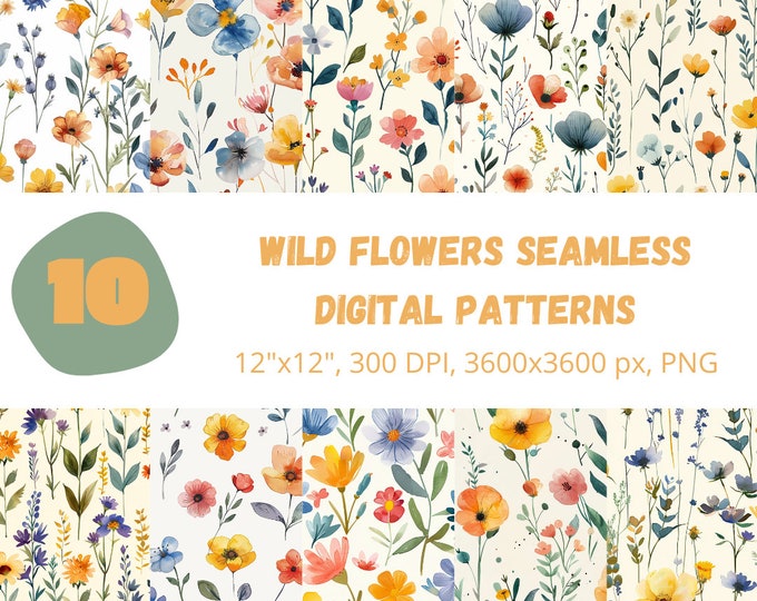 12 Pastel Flowers Patterns, Floral Digital Paper, Spring Wildflower ...
