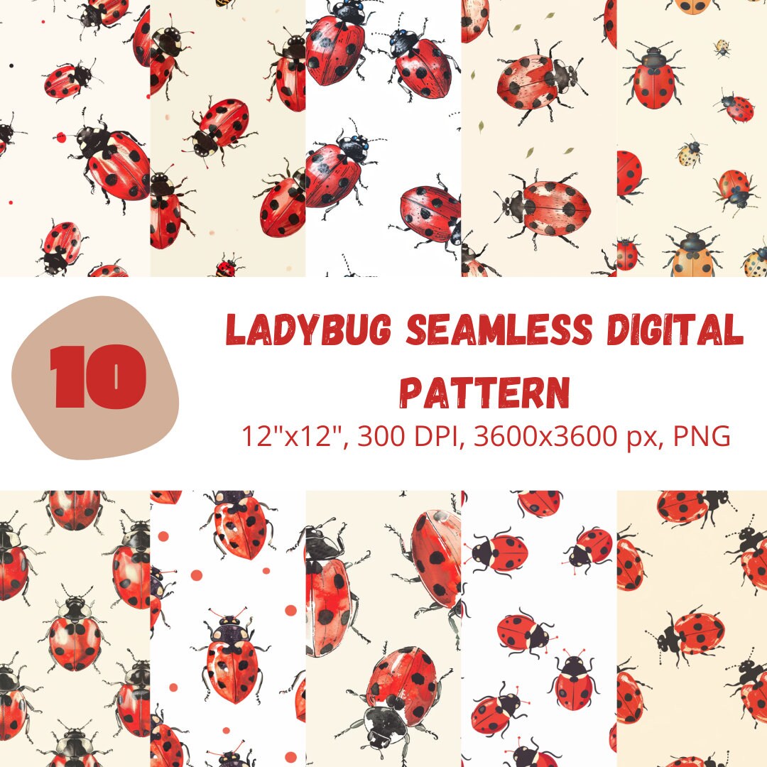 Ladybug Digital Patterns, Digital Paper Set, Seamless Pattern, Instant ...