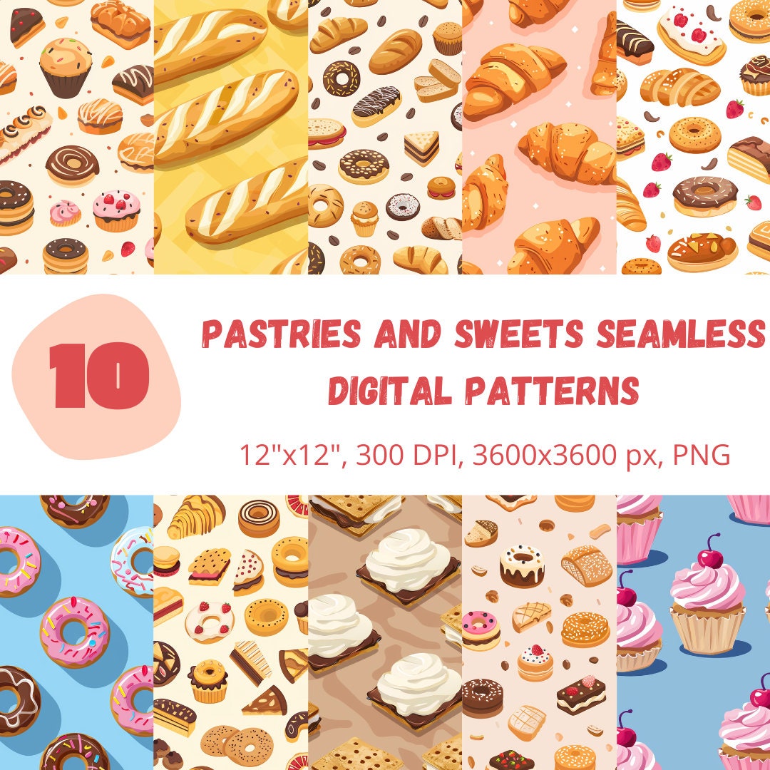 Pastries and Sweets Digital Patterns, Bakery Seamless, Digital Paper ...