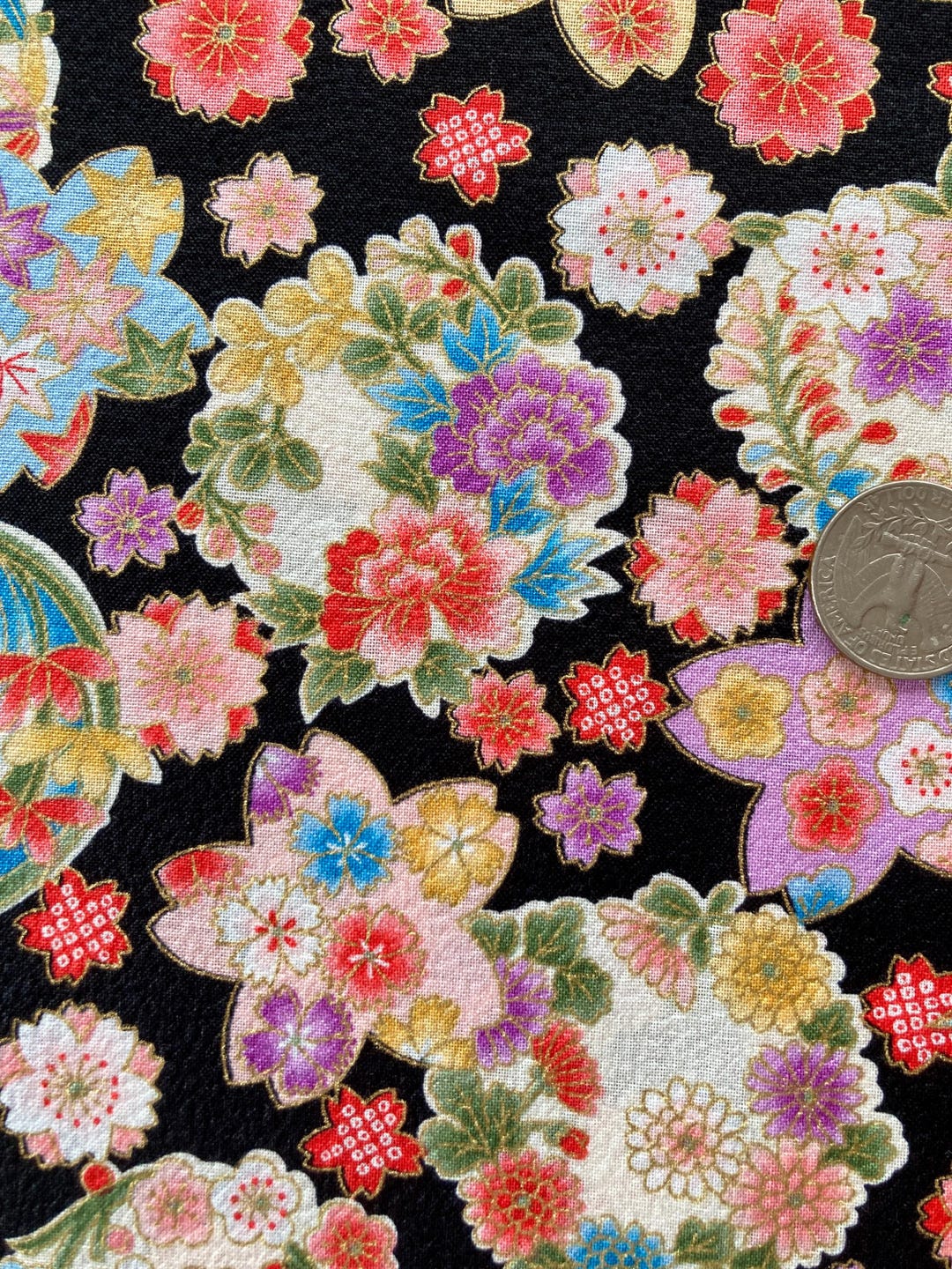 Japanese Floral Pattern on Black Background, Japanese Cotton Fabric ...