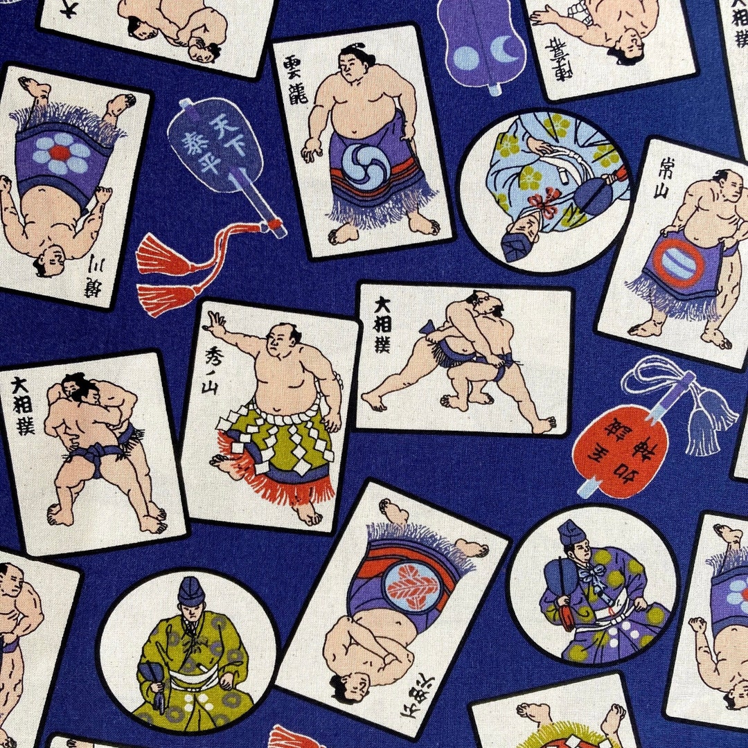 Sumo Wrestlers and Referees on Navy Background, Japanese Cotton Fabric ...