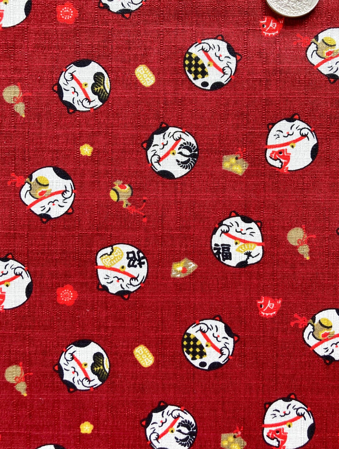 Maneki Neko (lucky Cats) in Red, Japanese Cotton Dobby Fabric, Sold by ...