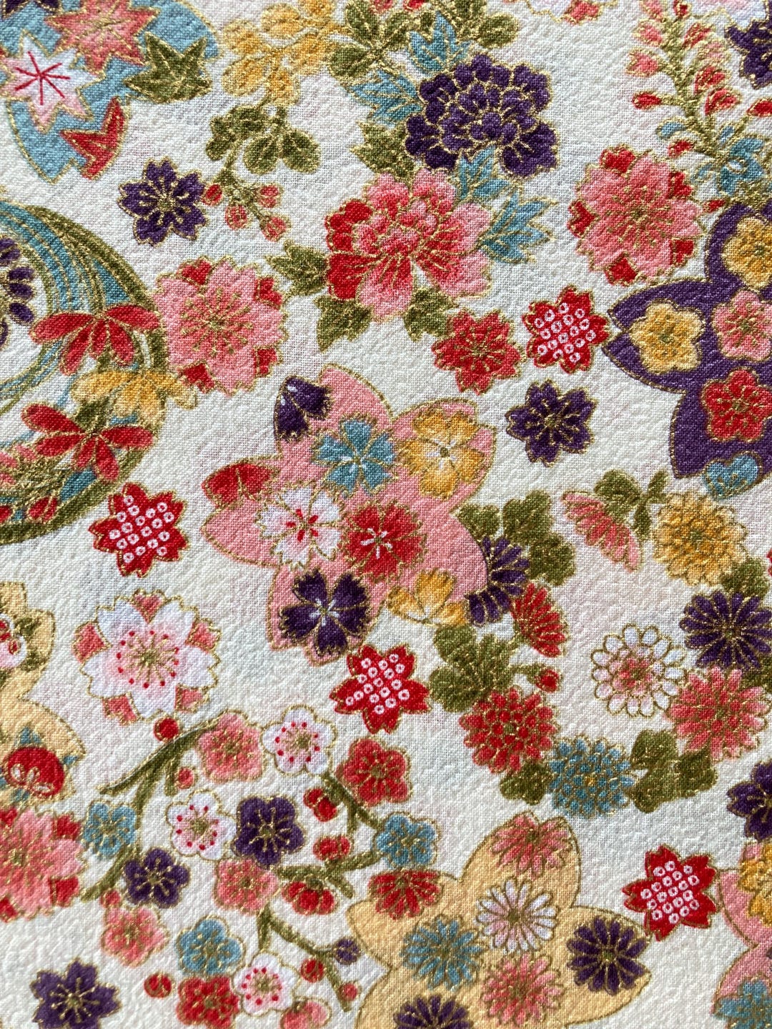 Japanese Floral Pattern on Ivory Background, Japanese Cotton Fabric ...