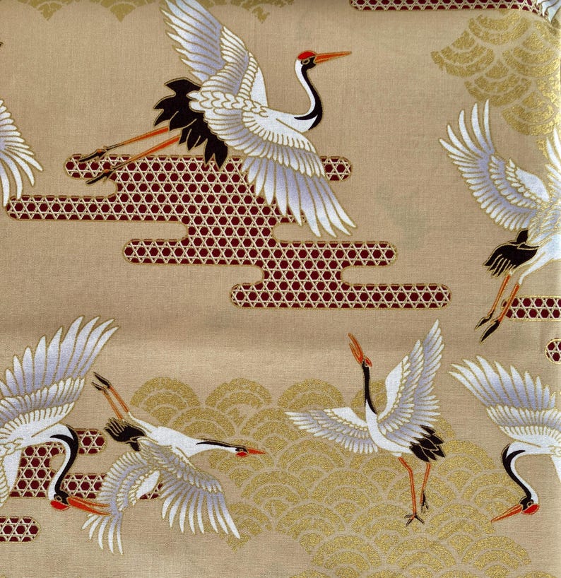 Red-crowned Cranes and Gold Waves on Light Beige Background, Japanese ...