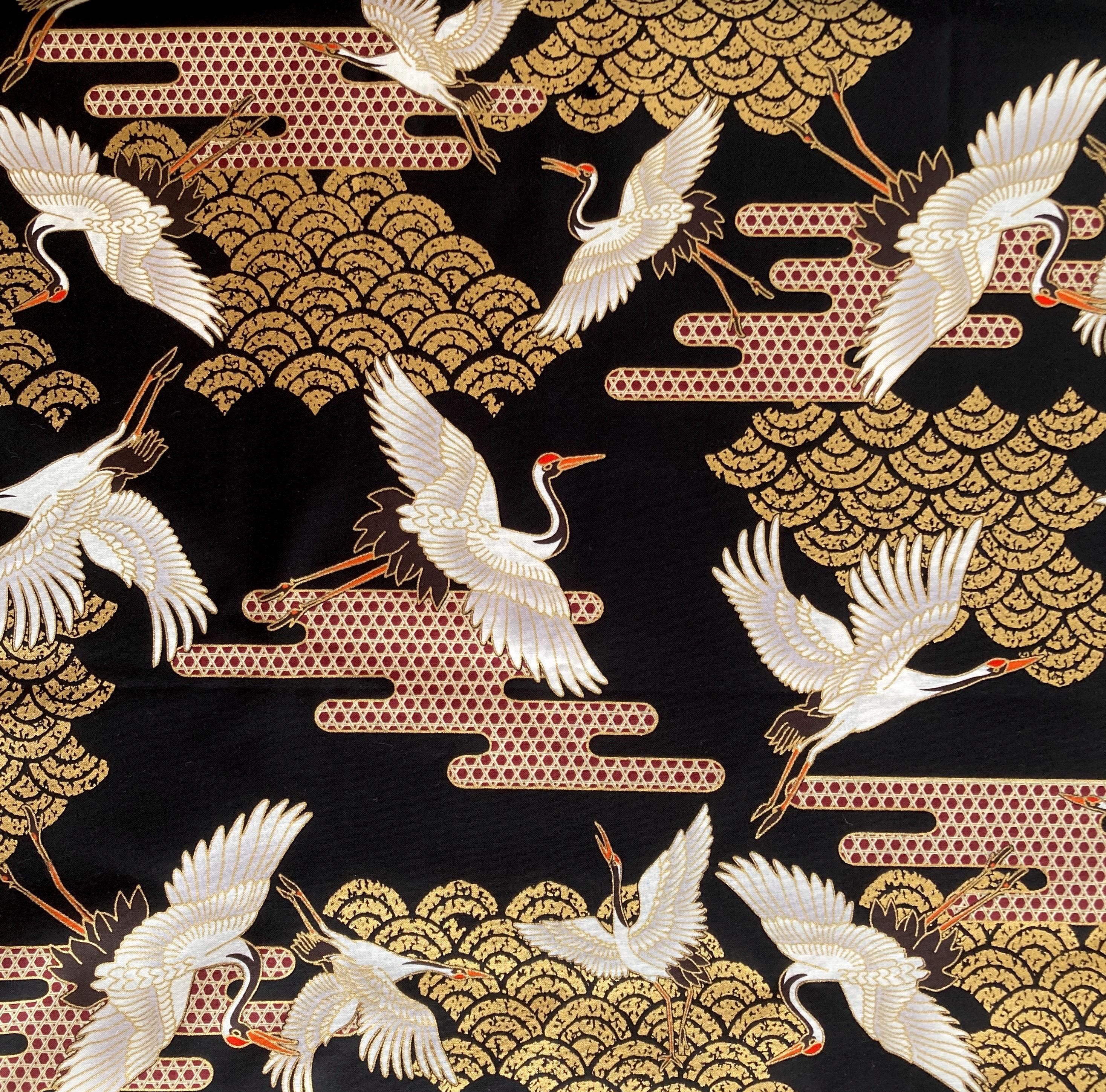 By 1/2 Yard, Japanese Red-crowned Crane Flying Over Sea, Black Color ...