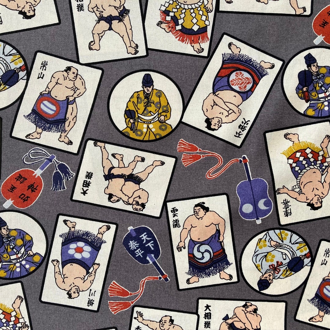 Sumo Wrestlers and Referees on Gray Background, Japanese Cotton Fabric ...