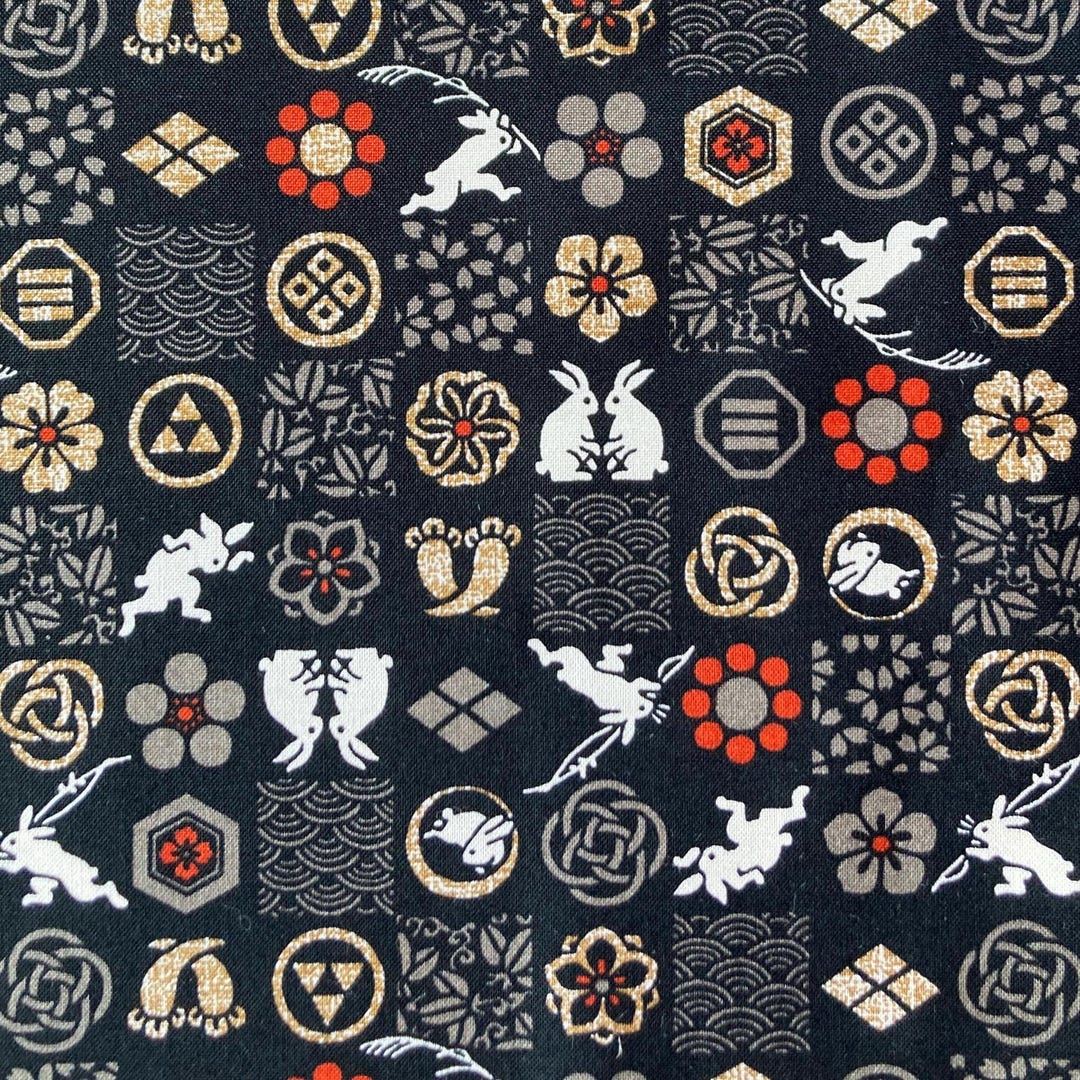 Rabbits and Japanese Motif on Black Background, Japanese Cotton Fabric ...