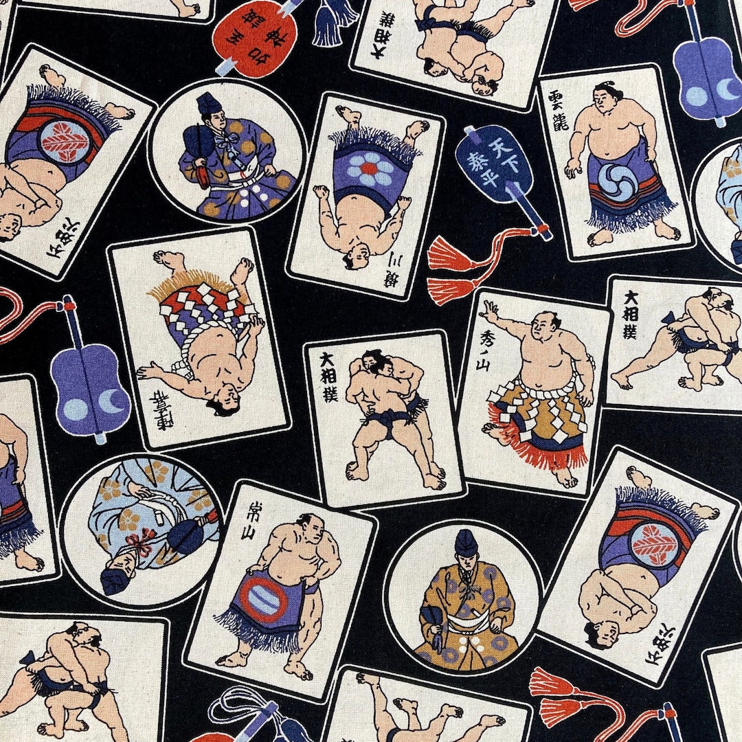 Sumo Wrestlers and Referees on Black Background, Japanese Cotton Fabric ...