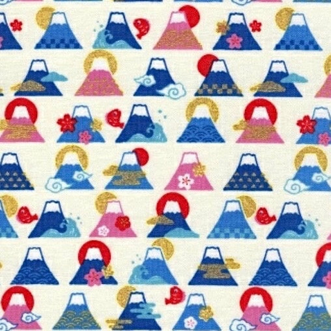 Sunrises on Mount Fuji on White Background, Japanese Cotton Fabric ...