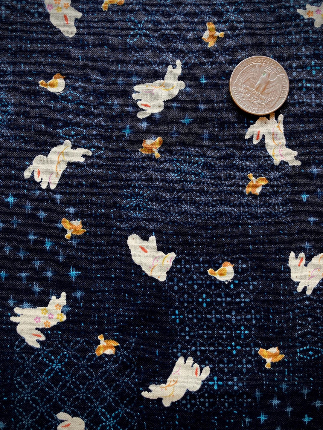 Rabbits, Sparrows and Japanese Sashiko Pattern on Navy Background ...