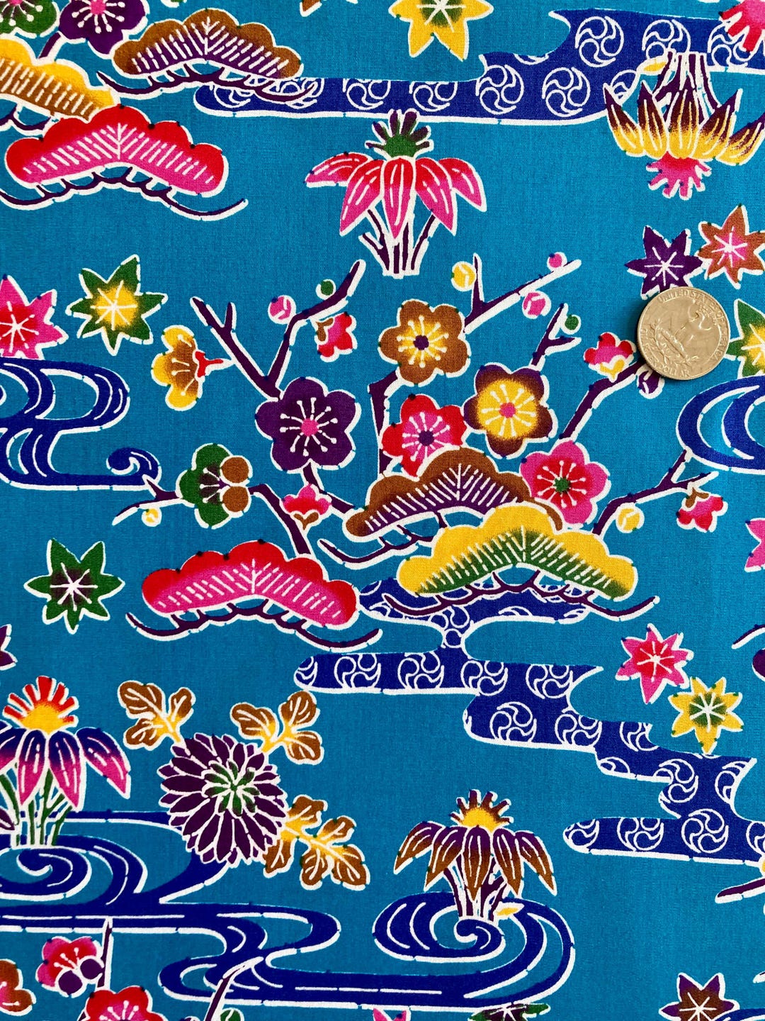 Okinawa Bingata Print Fabric in Turquoise Blue, Japanese Cotton Fabric ...