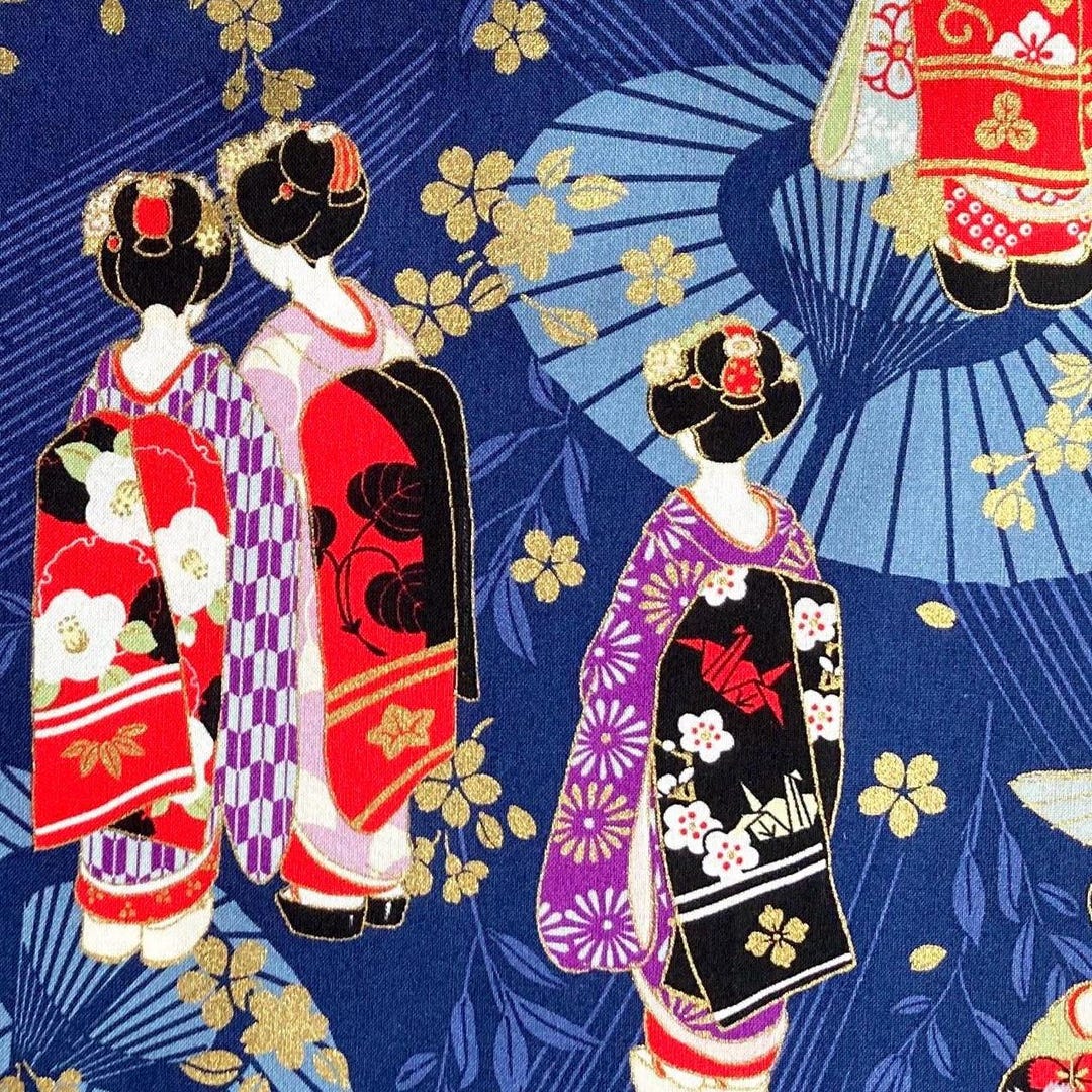 Maiko Geisha Fabric in Blue, Japanese Cotton Fabric, Sold by the Half ...