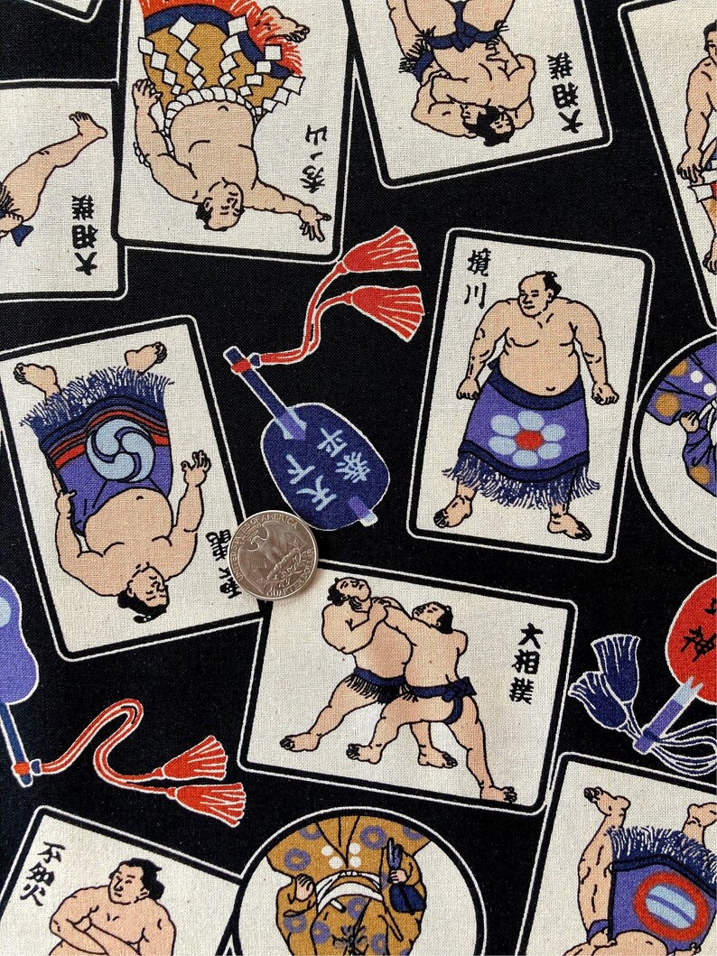 Sumo Wrestlers and Referees on Black Background, Japanese Cotton Fabric ...