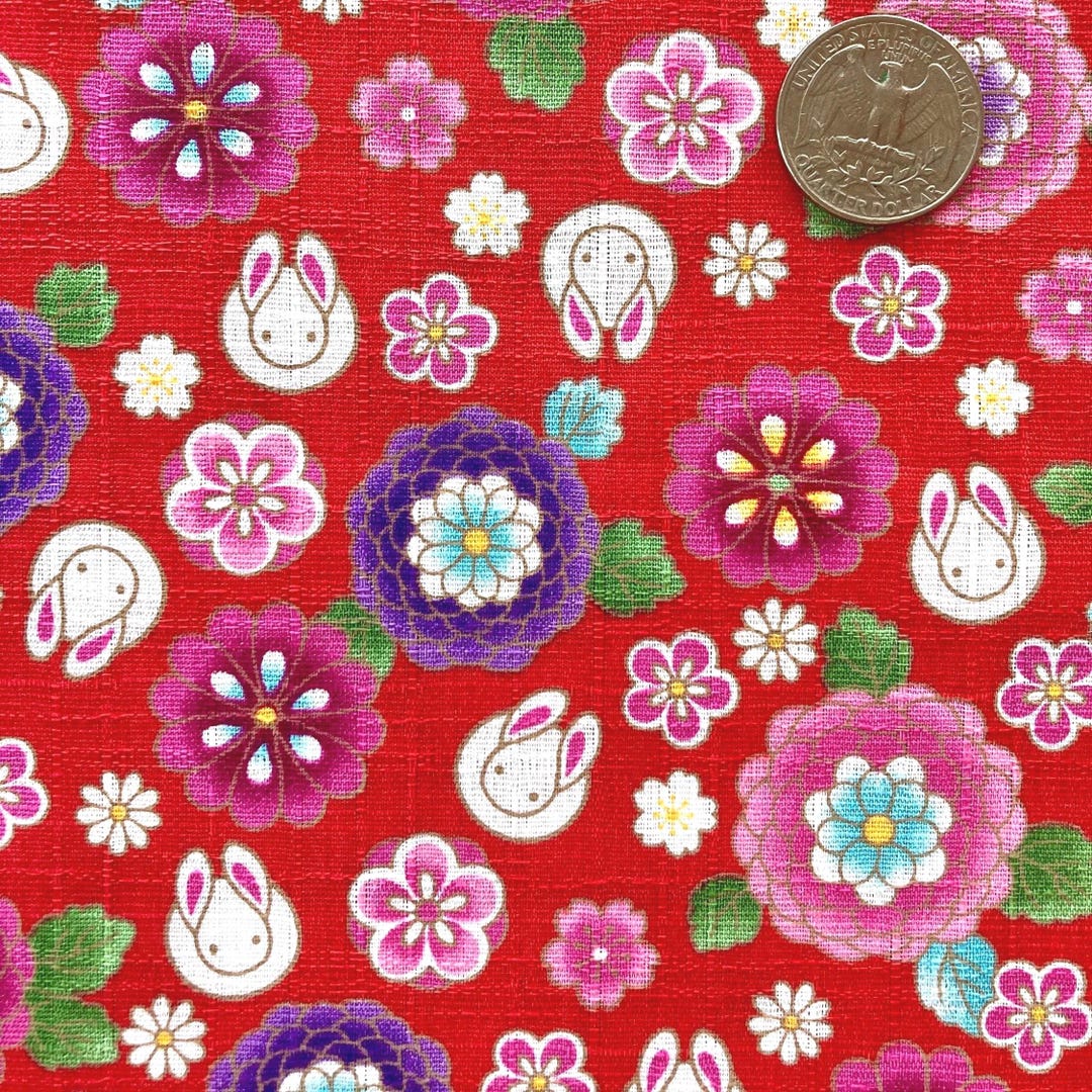 Rabbits and Flowers Fabric, Japanese Cotton Dobby Fabric, Sold by the ...