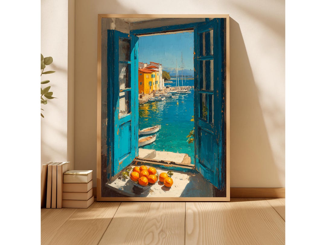 Mediterranean Window View Print, Coastal Harbor Digital Wall Art ...