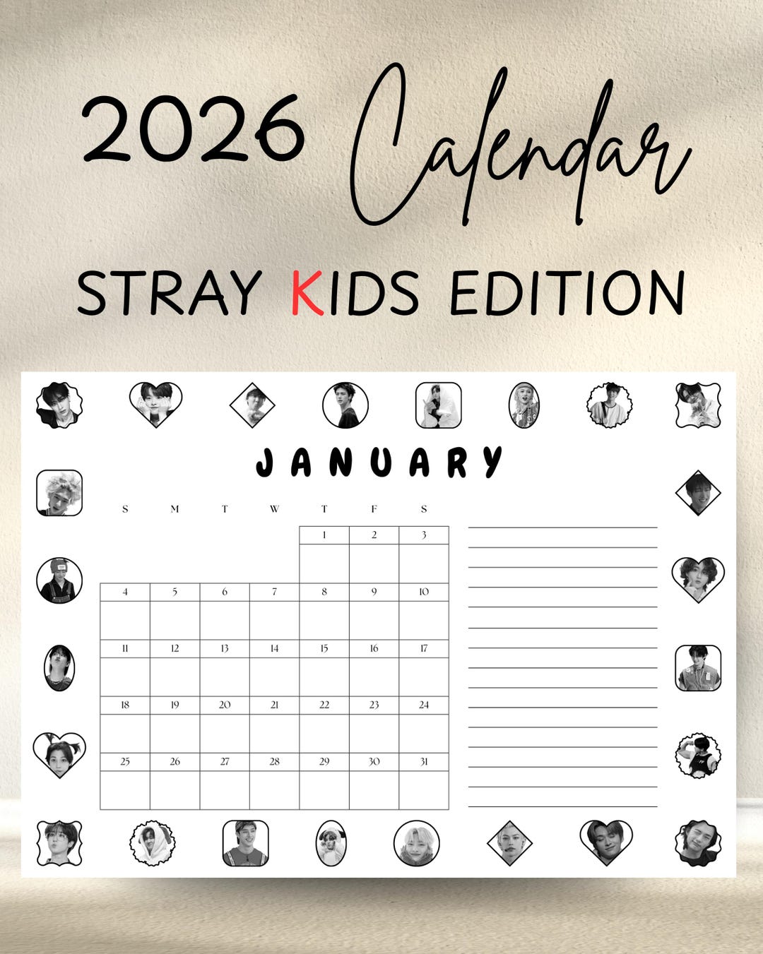 Printable STRAY KIDS Calendar, 2026 Skz Monthly Planner, Black and ...