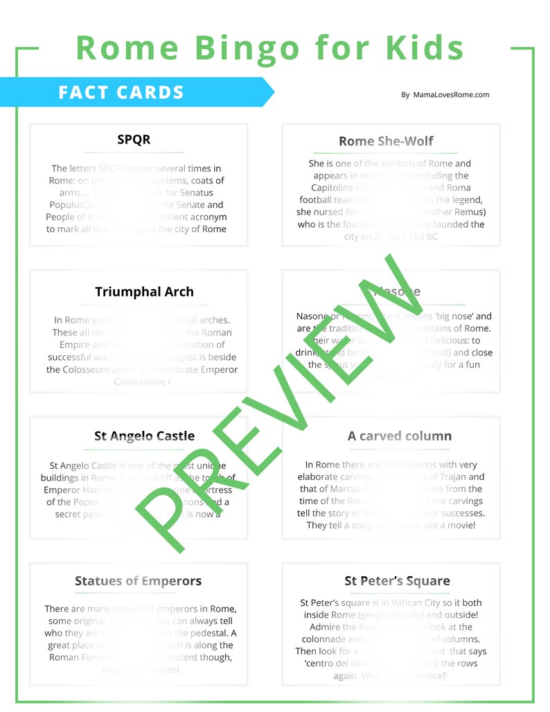 A Fun, Printable Rome 'bingo' Scavenger Hunt for Kids (with Fact Cards ...