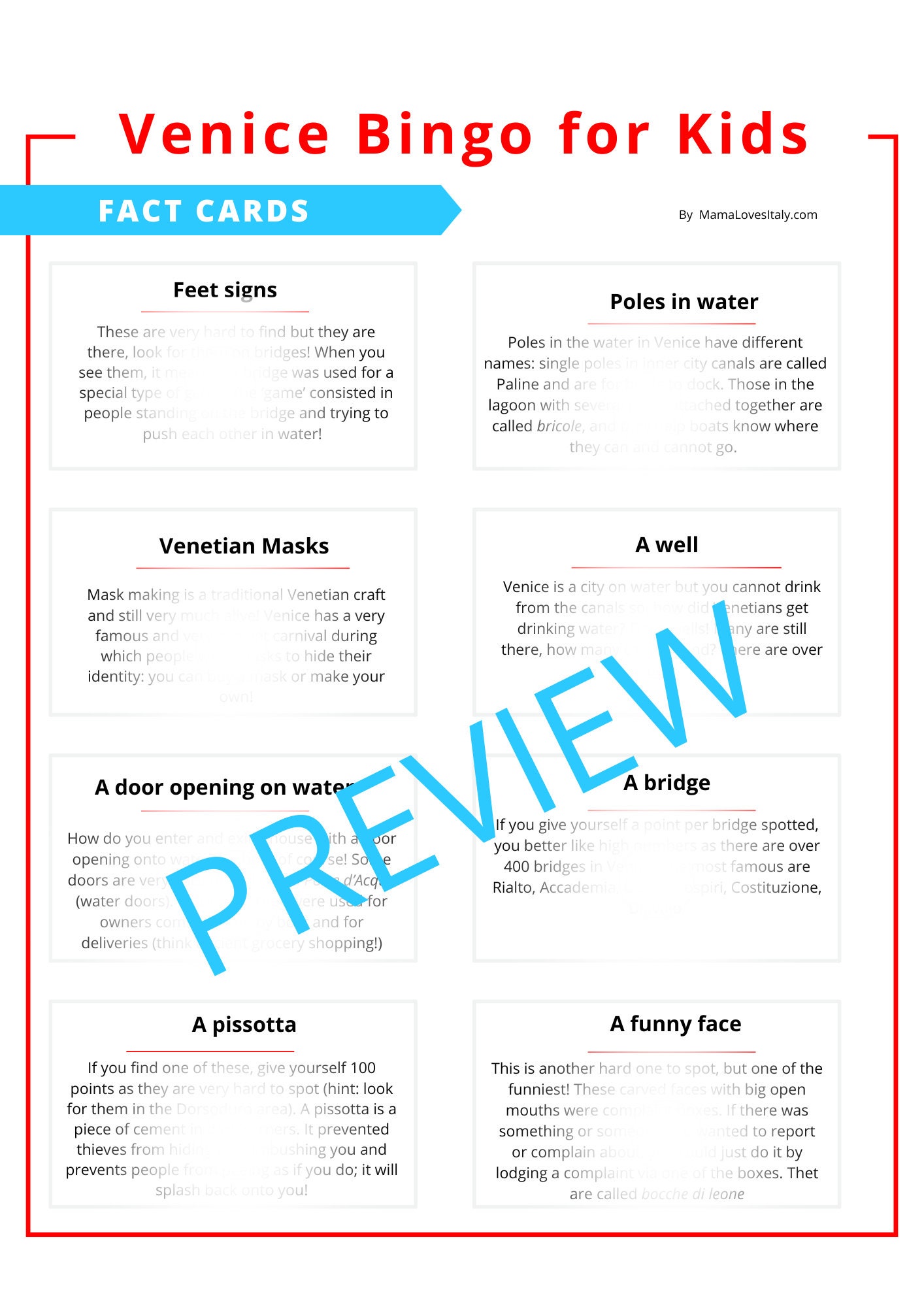 Printable Venice Scavenger Hunt / Bingo Game for Kids (with Fact Cards ...
