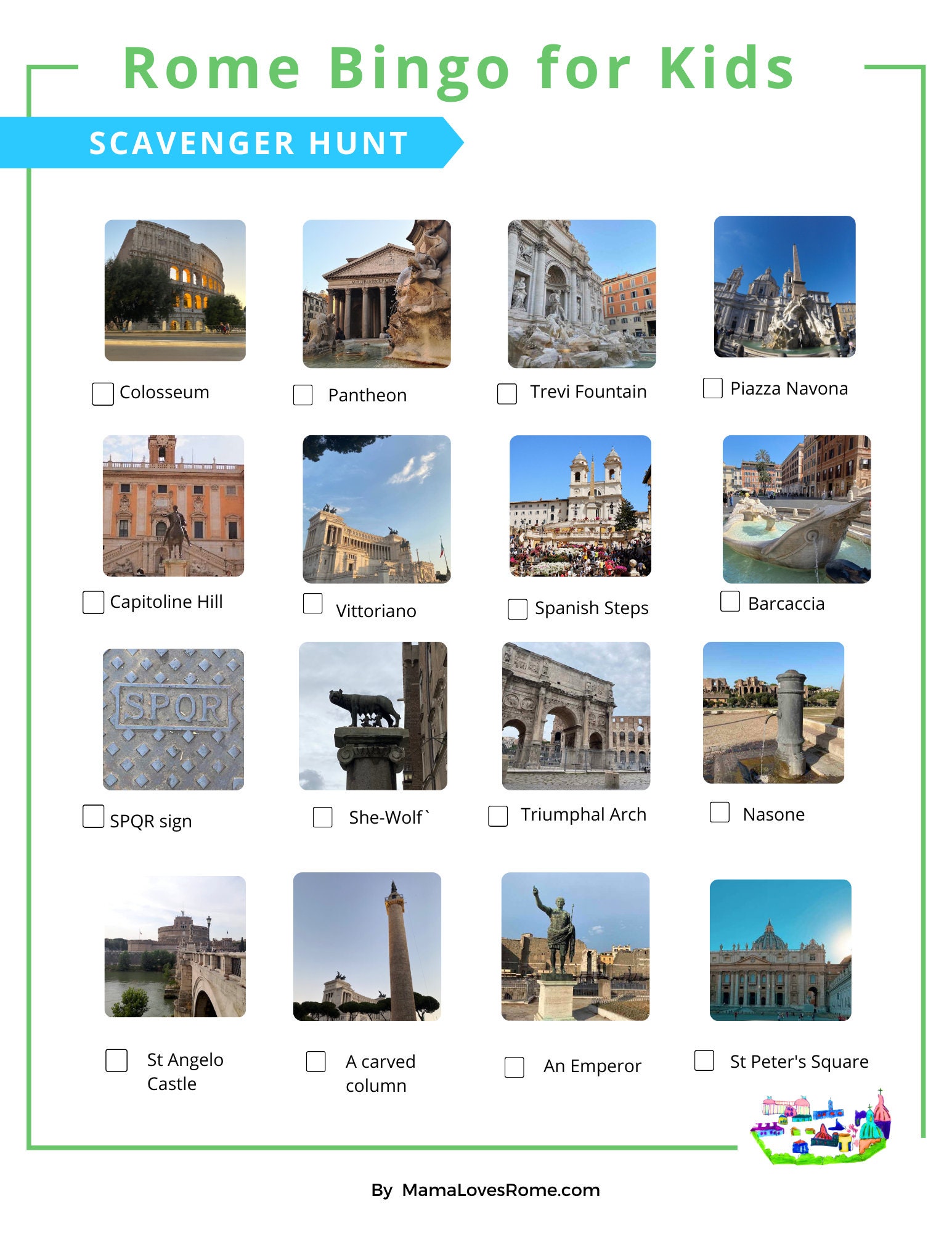 A Fun, Printable Rome 'bingo' Scavenger Hunt for Kids (with Fact Cards ...
