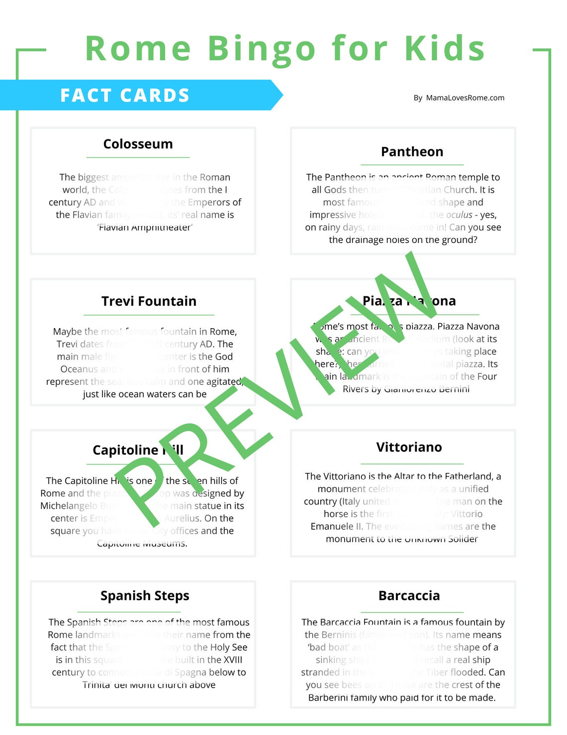 A Fun, Printable Rome 'bingo' Scavenger Hunt for Kids (with Fact Cards ...