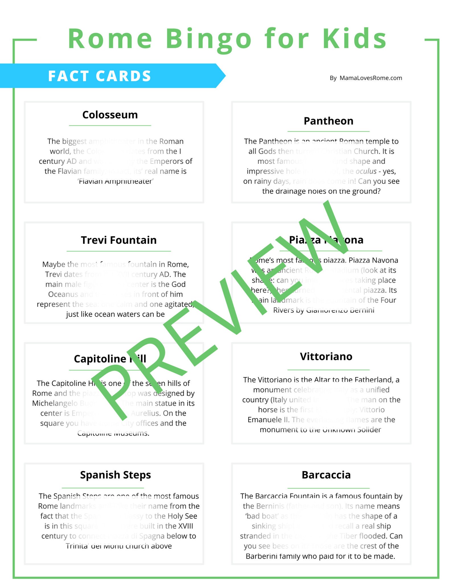 A Fun, Printable Rome 'bingo' Scavenger Hunt for Kids (with Fact Cards ...