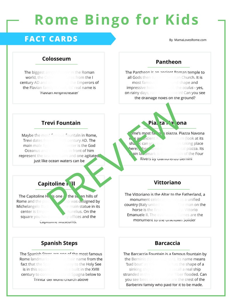 A Fun, Printable Rome 'bingo' Scavenger Hunt for Kids (with Fact Cards ...