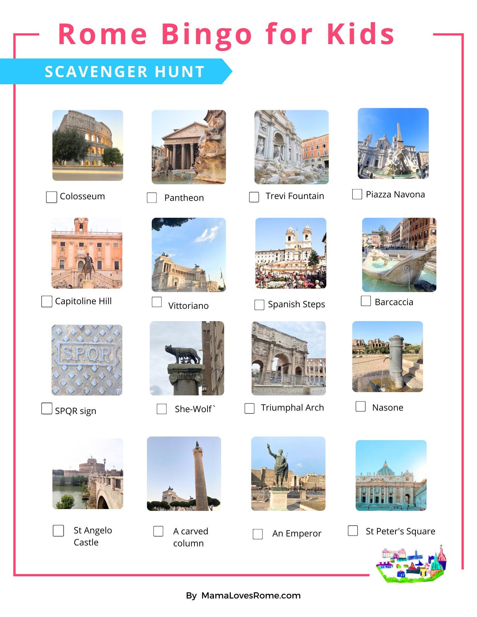 A Fun, Printable Rome 'bingo' Scavenger Hunt for Kids (with Fact Cards ...