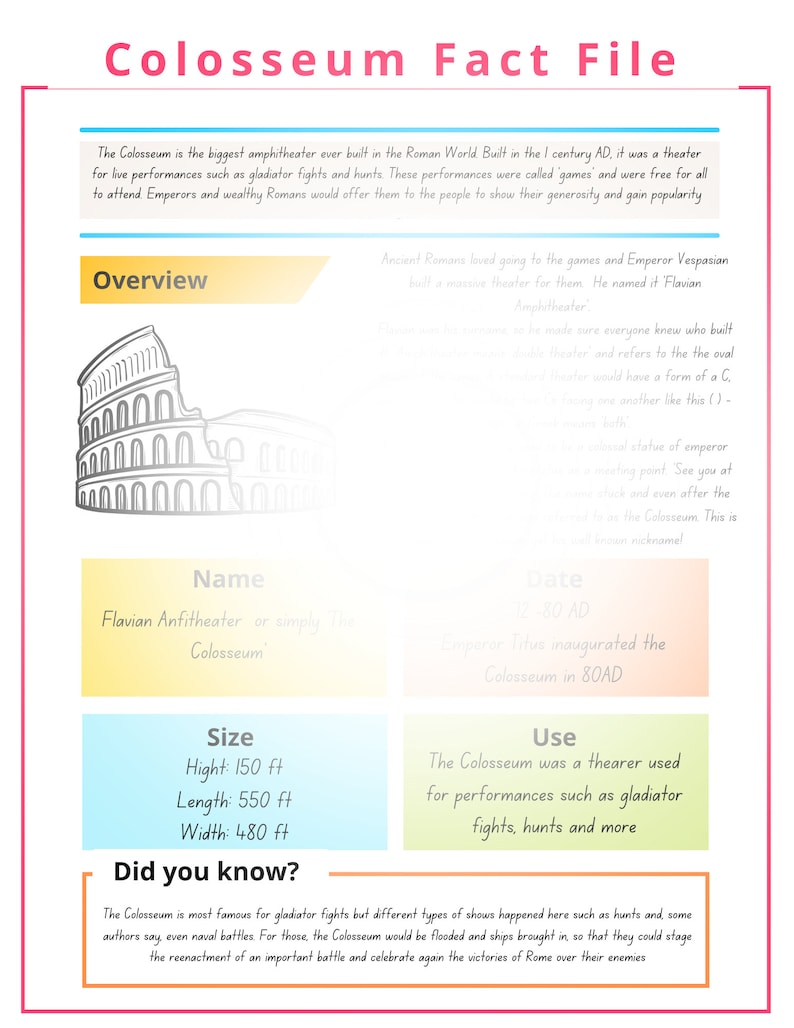 Colorful Rome Colosseum Scavenger Hunt and Facts for Kids (printables ...