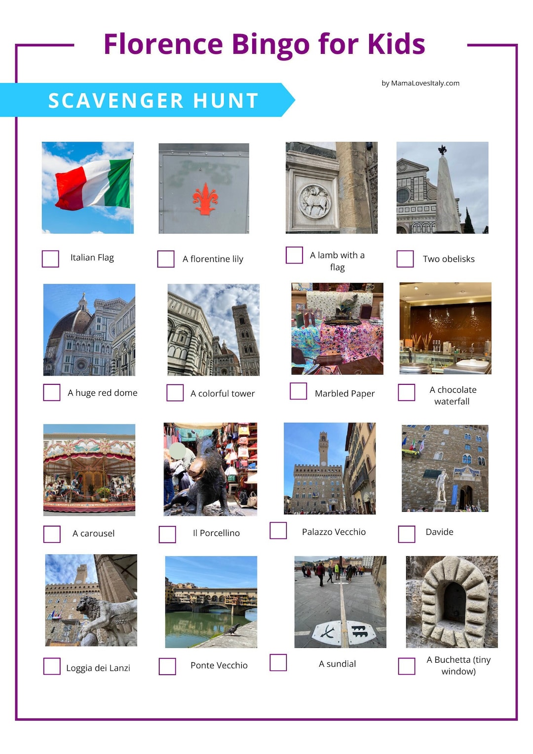 Fun Florence Scavenger Hunt / Travel Bingo for Kids (with Fact Cards ...