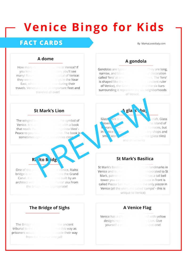 Printable Venice Scavenger Hunt / Bingo Game for Kids (with Fact Cards ...
