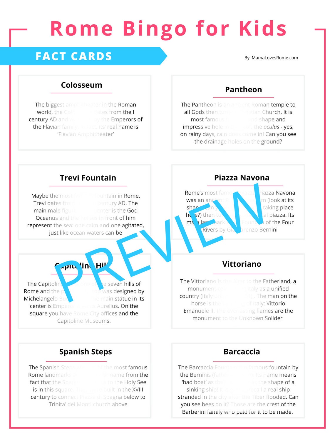 A Fun, Printable Rome 'bingo' Scavenger Hunt for Kids (with Fact Cards ...