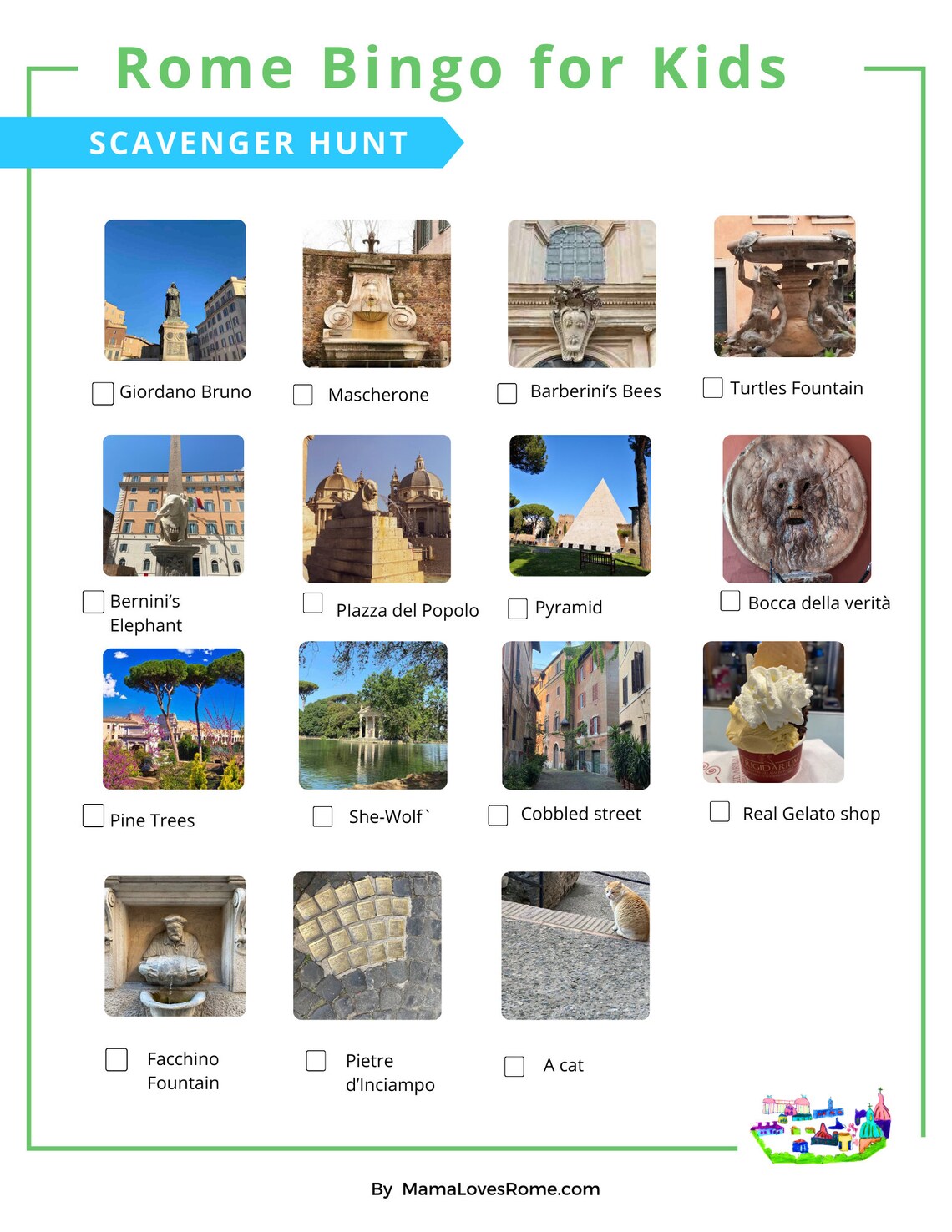 A Fun, Printable Rome 'bingo' Scavenger Hunt for Kids (with Fact Cards ...