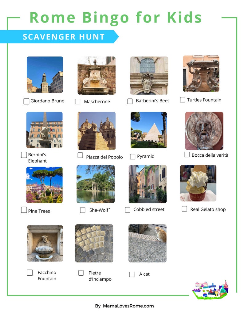 A Fun, Printable Rome 'bingo' Scavenger Hunt for Kids (with Fact Cards ...