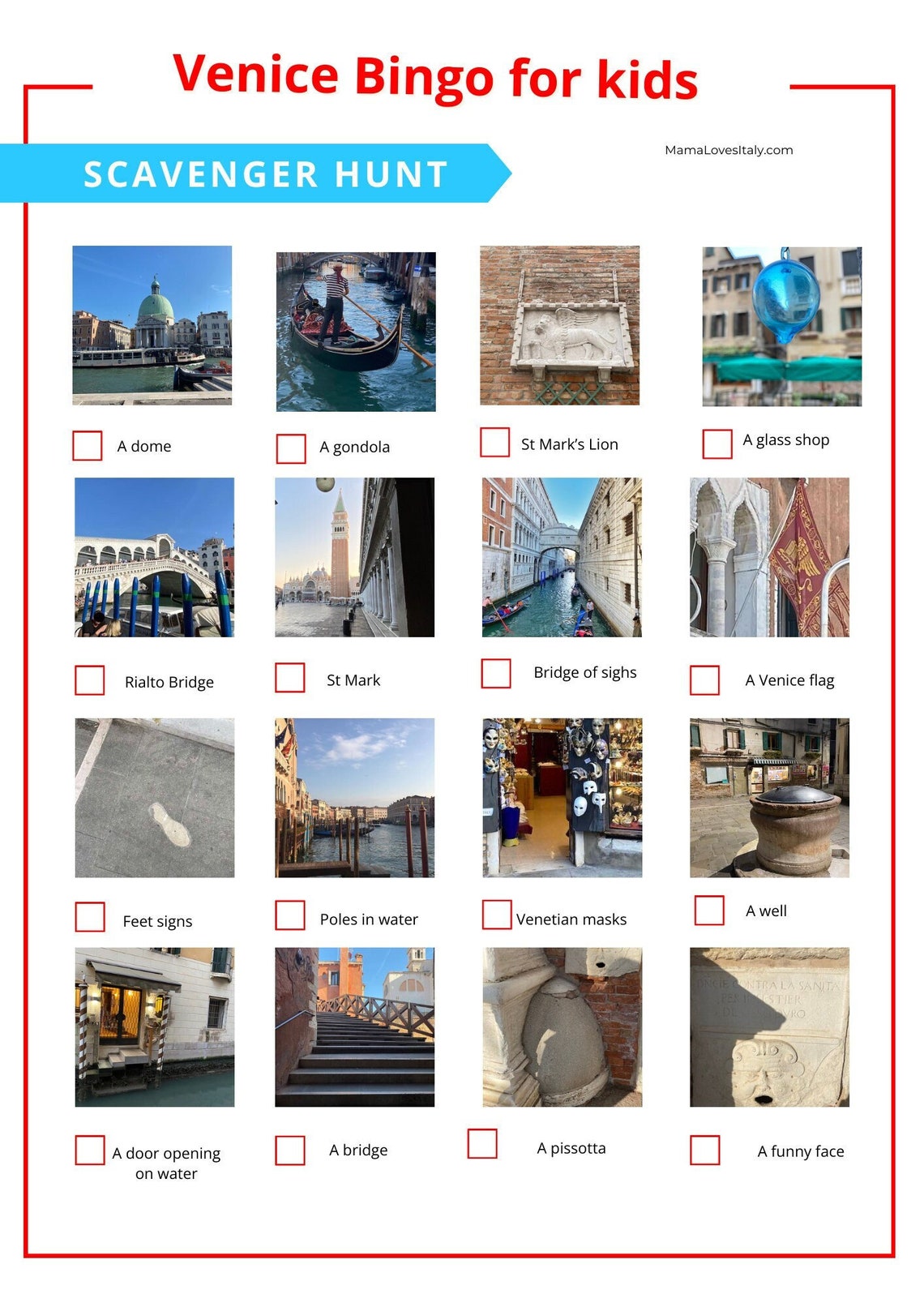 Printable Venice Scavenger Hunt / Bingo Game for Kids (with Fact Cards ...