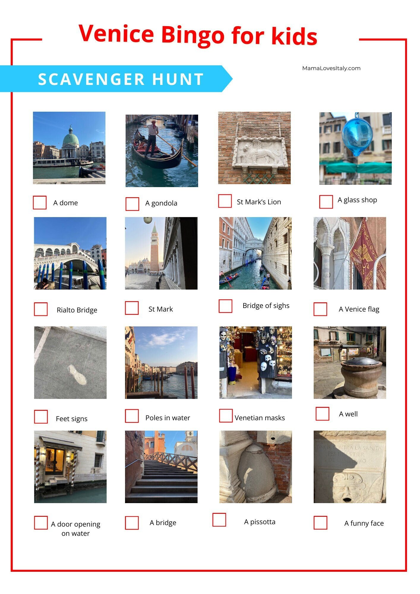 Printable Venice Scavenger Hunt / Bingo Game for Kids (with Fact Cards ...