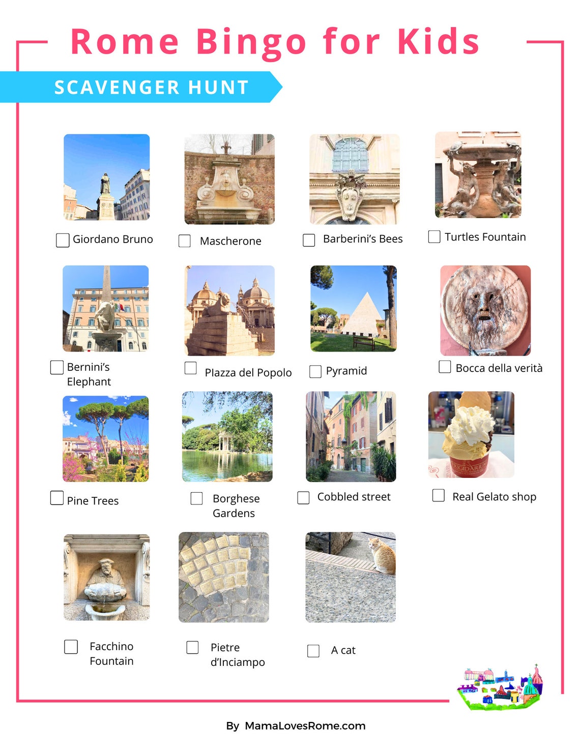 A Fun, Printable Rome 'bingo' Scavenger Hunt for Kids (with Fact Cards ...