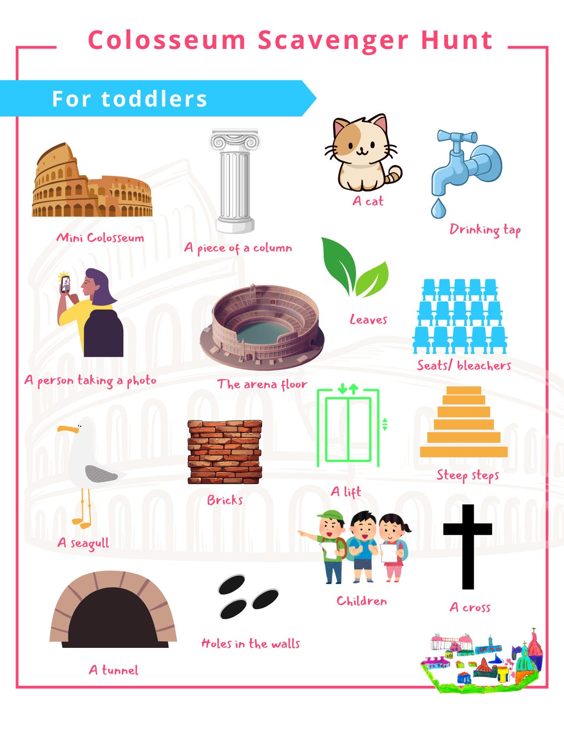Colorful Rome Colosseum Scavenger Hunt and Facts for Kids (printables ...