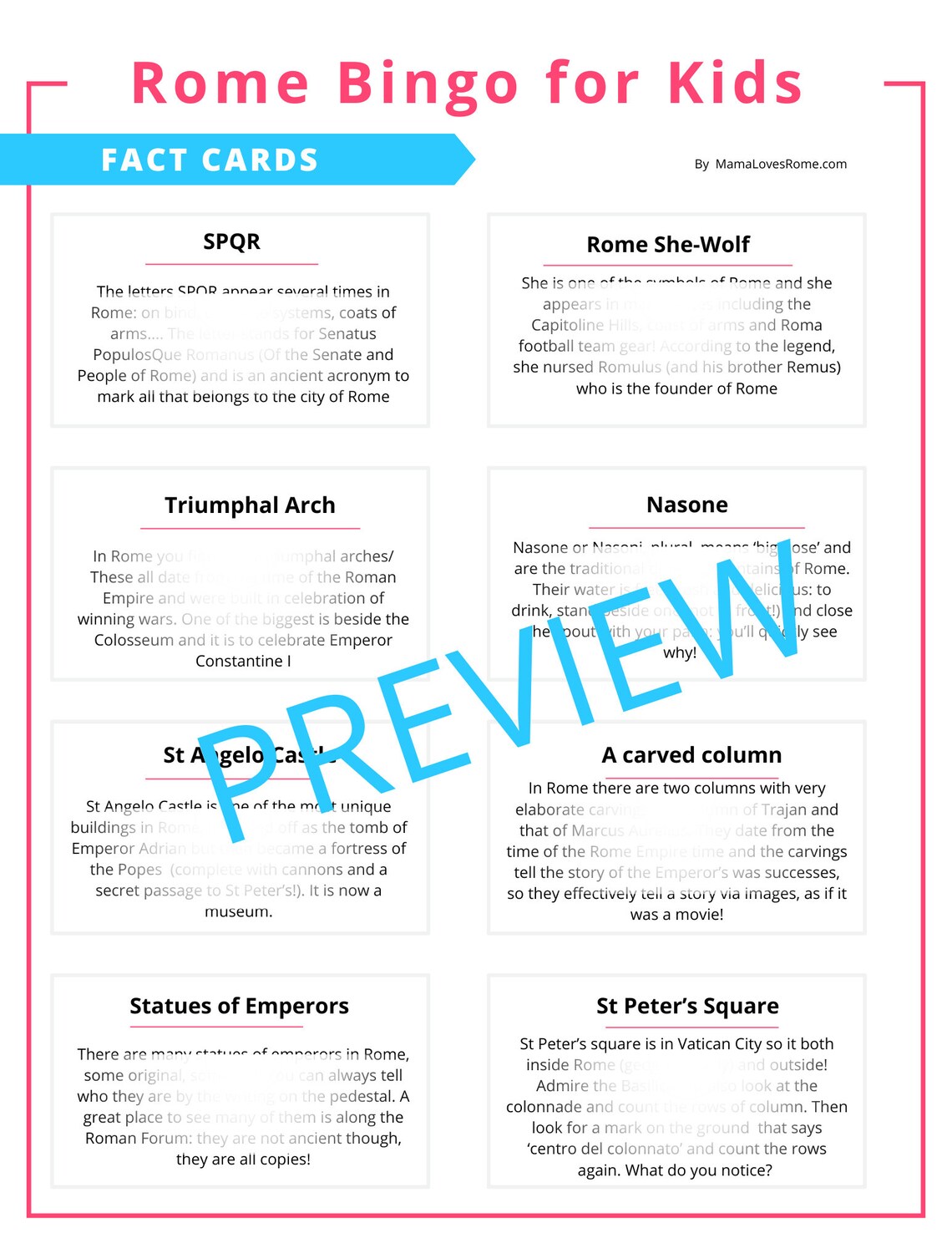 A Fun, Printable Rome 'bingo' Scavenger Hunt for Kids (with Fact Cards ...