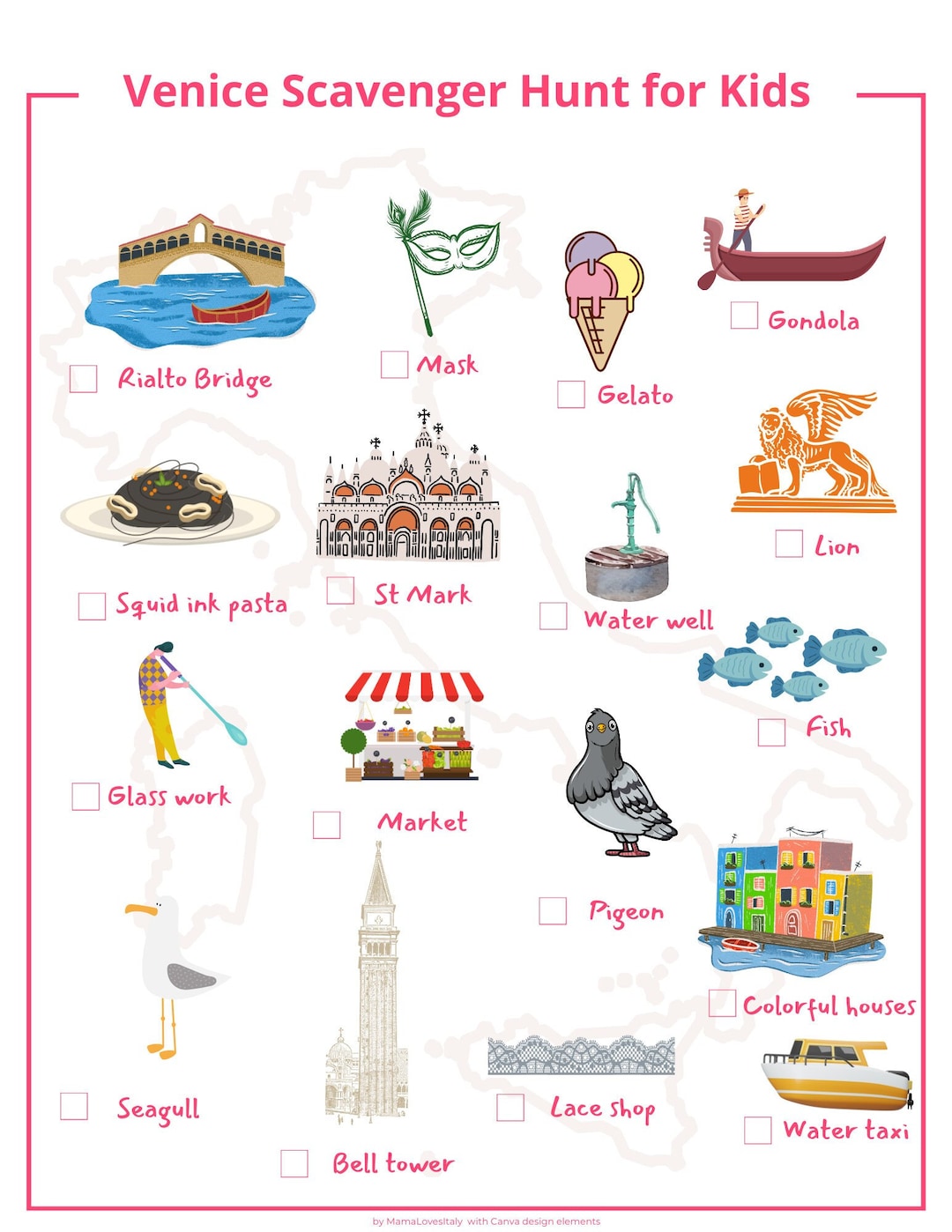Printable Venice Scavenger Hunt / Bingo Game for Kids (with Fact Cards ...