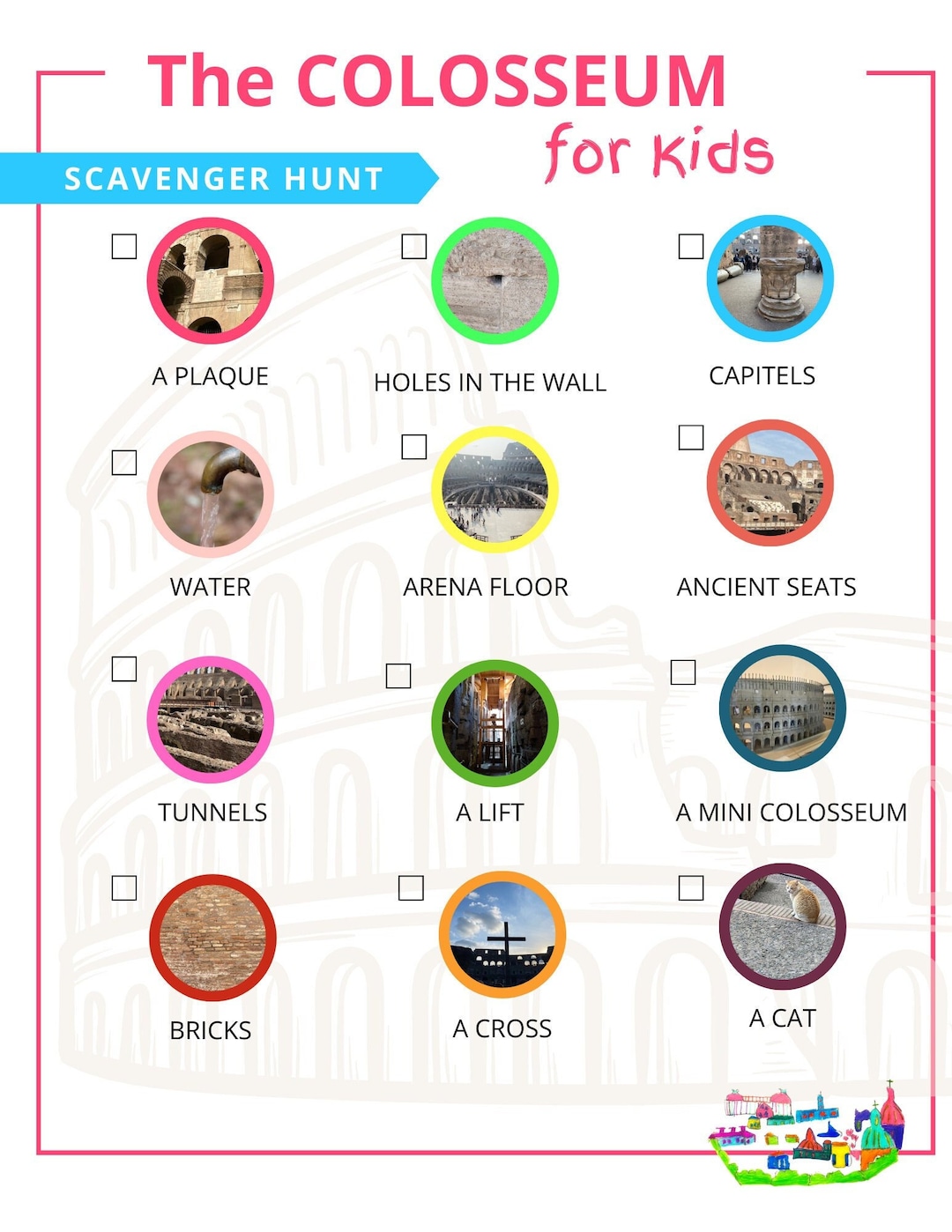 Colorful Rome Colosseum Scavenger Hunt and Facts for Kids (printables ...