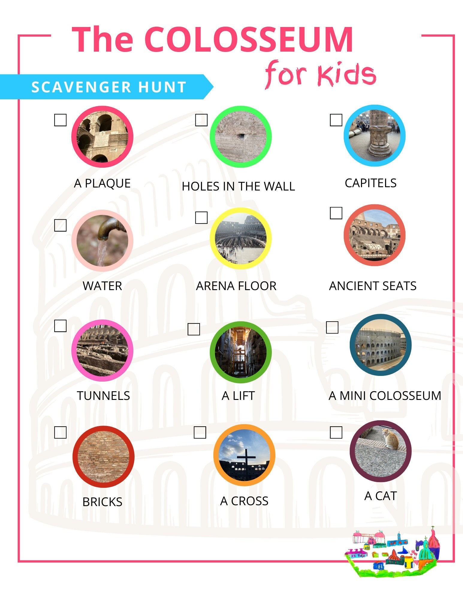 Colorful Rome Colosseum Scavenger Hunt and Facts for Kids (printables ...