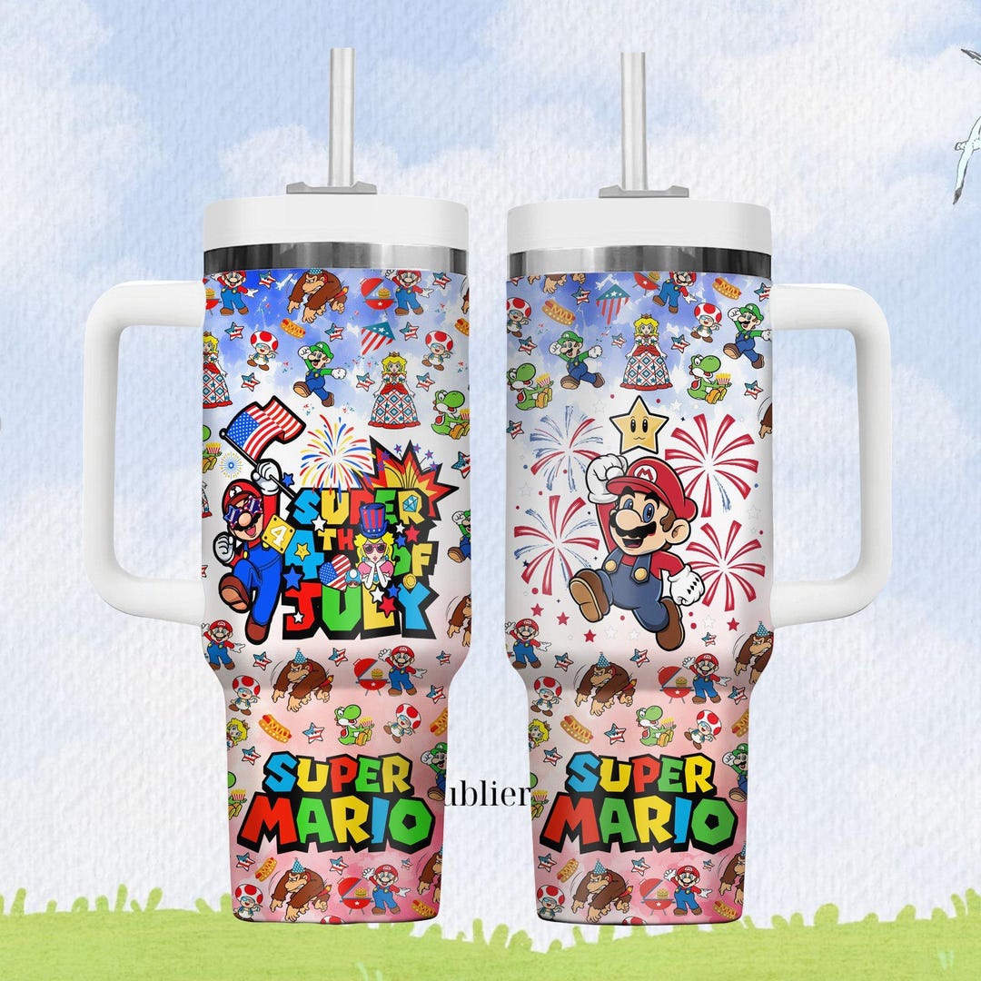 Mario Tumbler 40oz, Super Mario 4th of July Tumbler With Handle ...