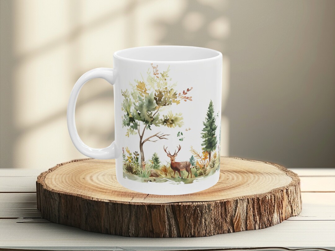 Forest Landscape Mug, Scenic Wildlife, Watercolor Green Forest Scenery ...