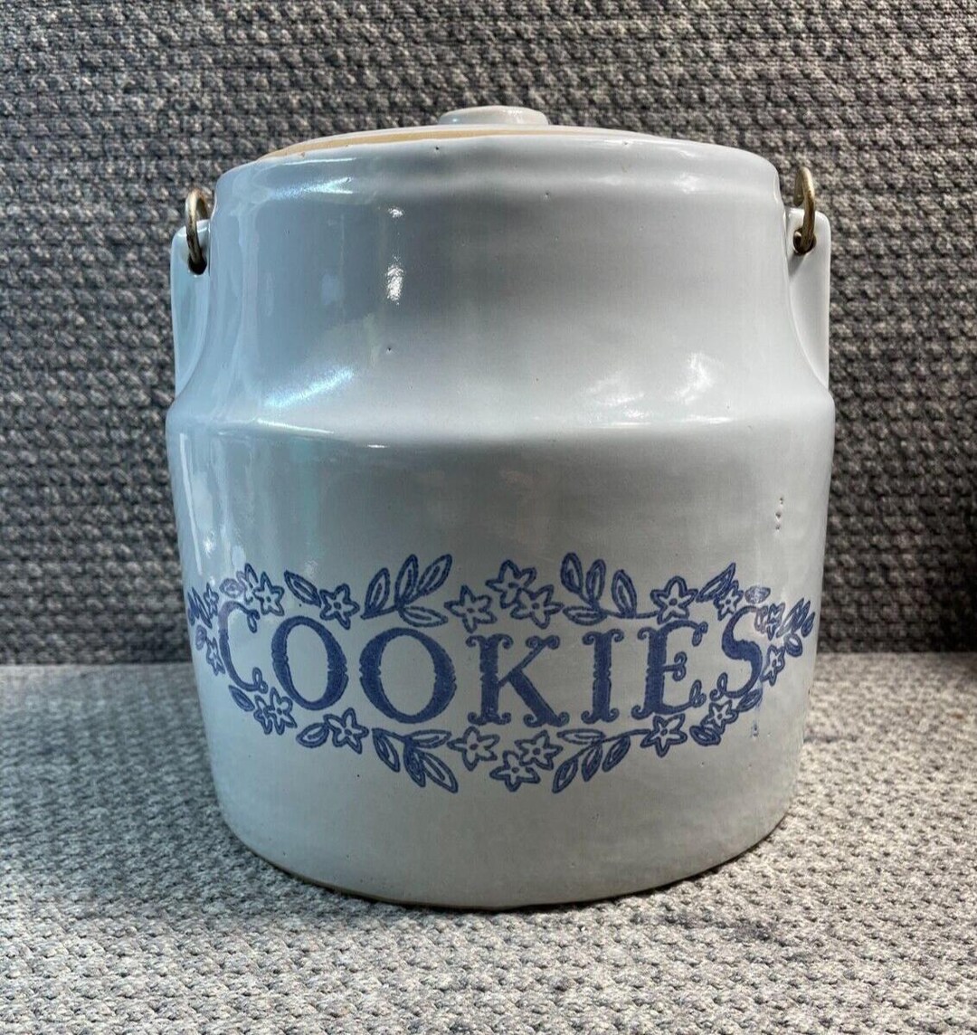 Vintage Blue Monmouth Crock Cookie Jar Glazed Stoneware Wire Bale ...