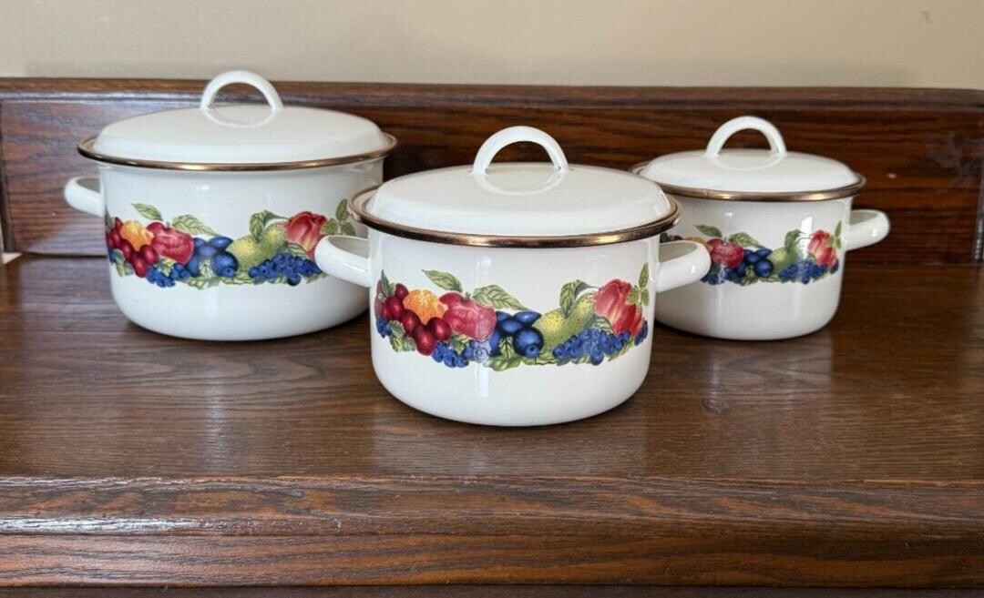Lincoware Orchard Royale Enameled Pots 3pc Set With Lids Fruit Pattern ...