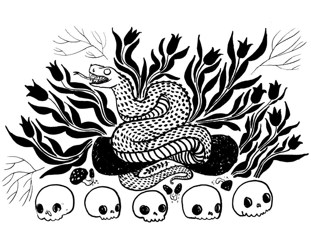 Black and White Basilisk Art, Snake With Skulls Drawing, Creepy 5x7 ...